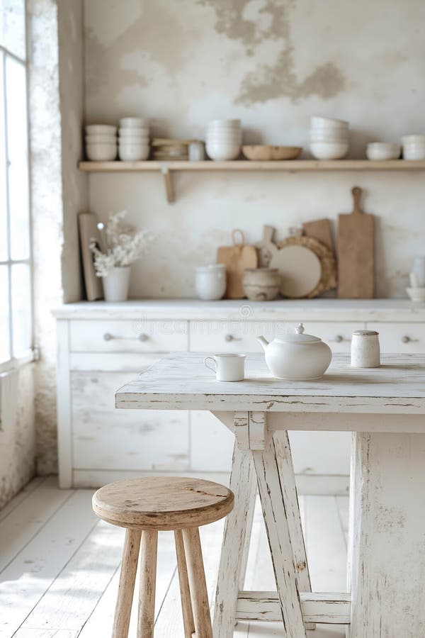 A White Table and Two Stools in a Kitchen with a White Table Stock ...