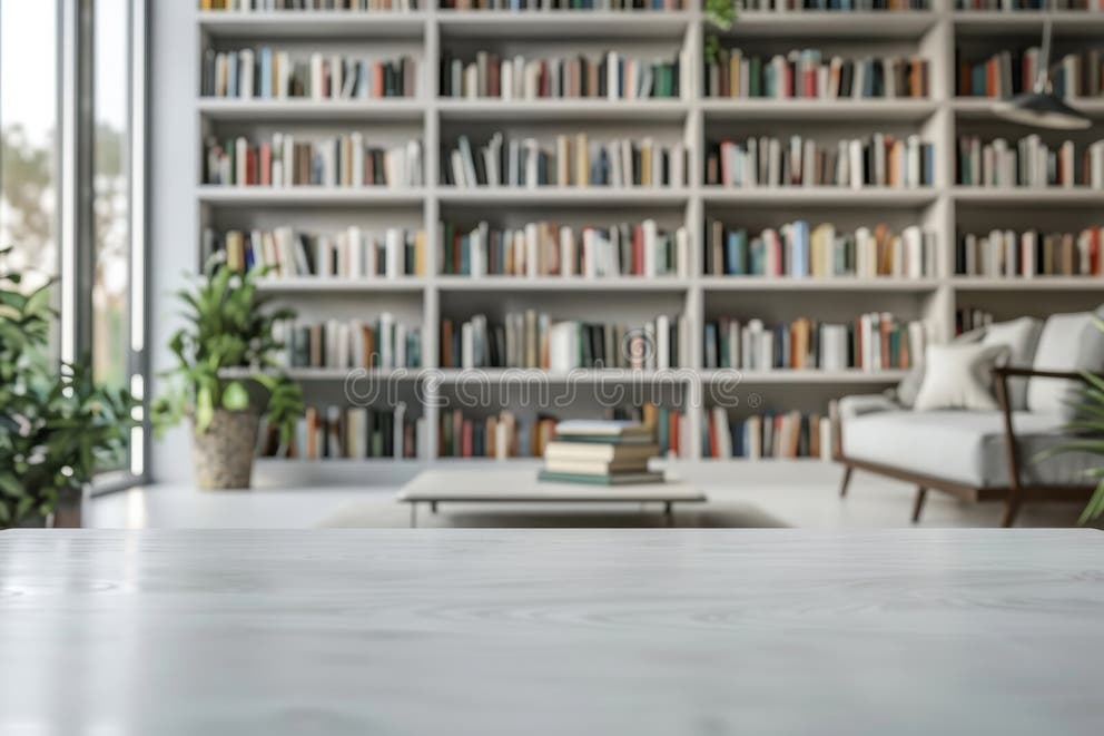 A White Table with a View of a Library Stock Photo - Image of wooden ...