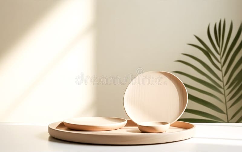 A White Table with a Wooden Tray and Three Plates on it Stock Photo ...