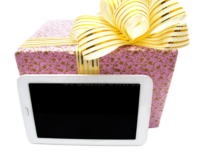 White Tablet with Box and Yellow Ribbon and Bow Stock Photo - Image of ...