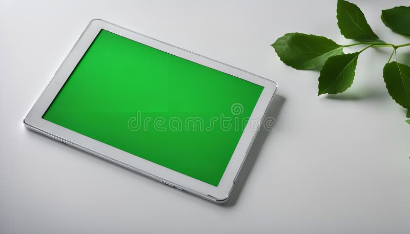 White Tablet with Green Screen and Green Leaves Stock Illustration ...