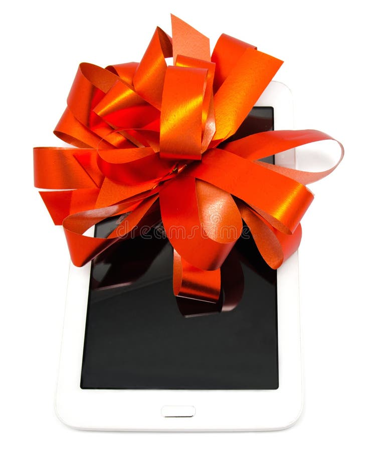 White Tablet with Red Ribbon and Bow Stock Photo - Image of technology ...