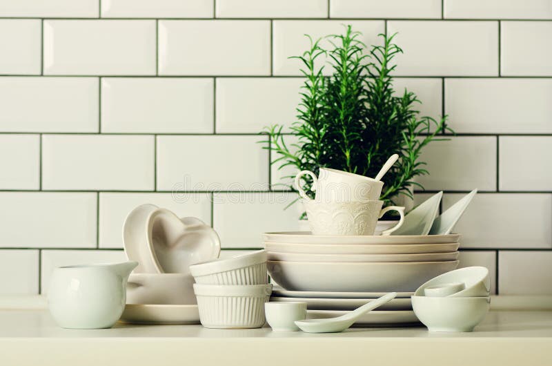 White Tableware for Serving. Dishes, Cups, Spoons, Utensils and Other ...