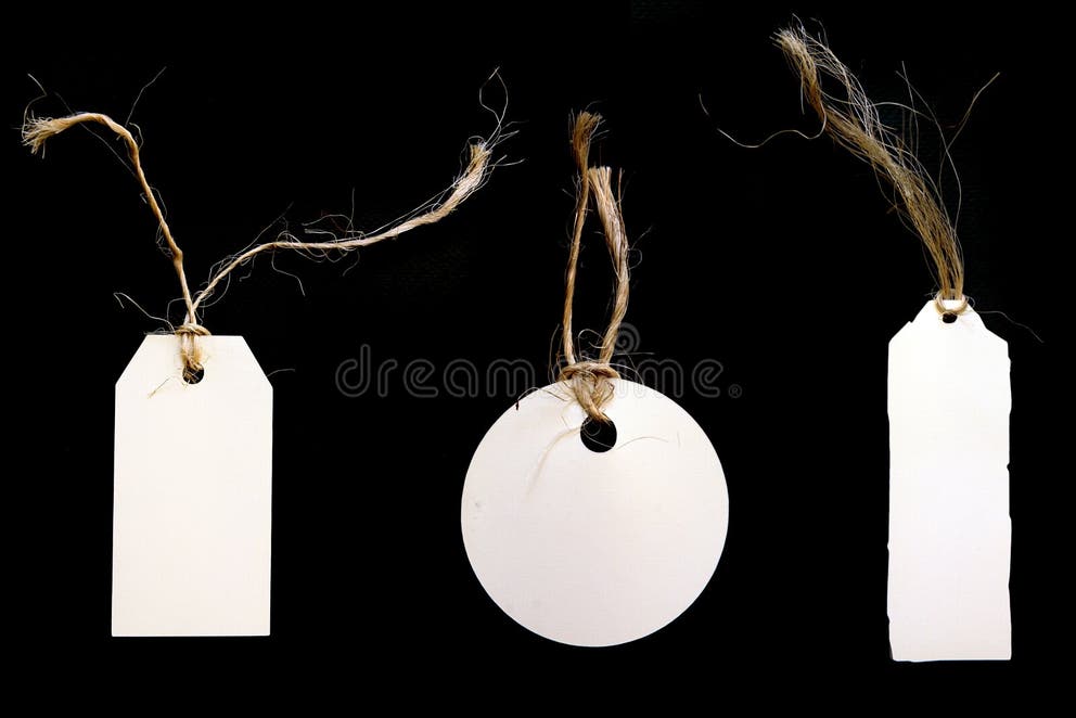 White Tags with Twine on Black Background Stock Photo - Image of label ...