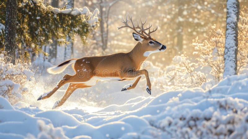 White-tailed Deer Buck Leaping through a Snowy Forest Stock ...