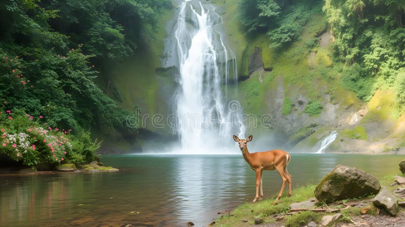 White-tailed Deer in Front of a Waterfall in the Forest. Stock Image ...