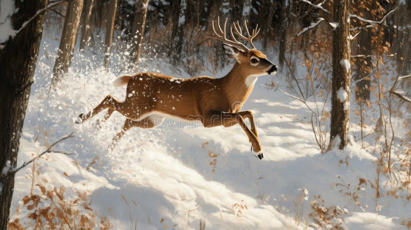 White-tailed Deer Leaping through Snow-Covered Forest Stock ...