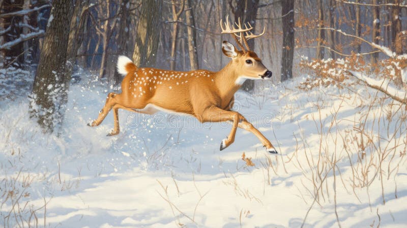 A White-Tailed Deer Leaping through a Snowy Forest Stock Illustration ...