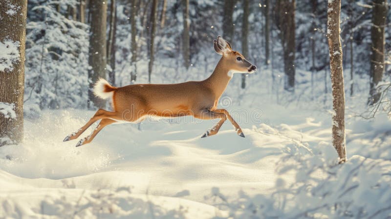 A White-Tailed Deer Leaping through a Snowy Forest Stock Illustration ...