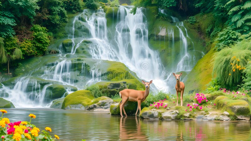 White-tailed Deer Standing in Front of Waterfall in the Forest. Stock ...