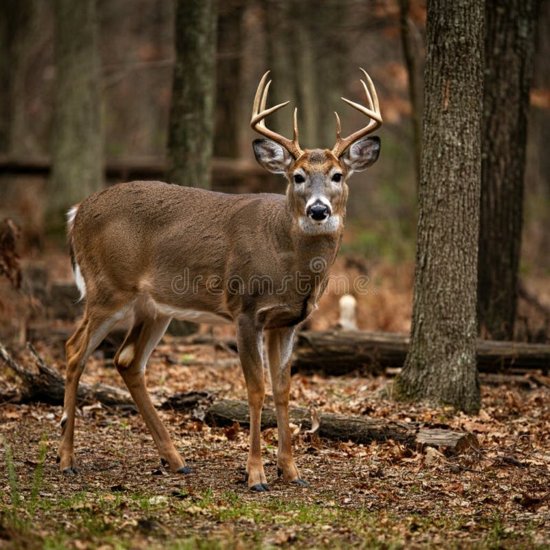 A White-tailed Deer Stands Alert in a Forest Setting. the Deer Has a ...