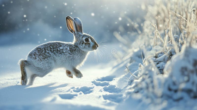 White-tailed Jackrabbit Hopping through Snowy Field Stock Illustration ...