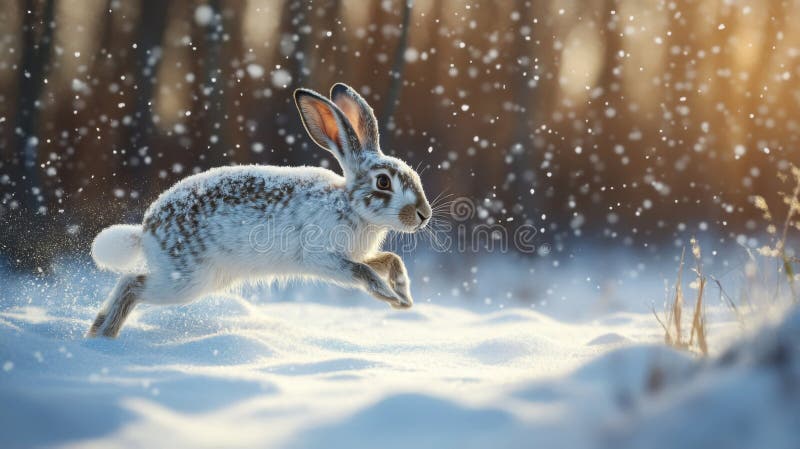 White-tailed Jackrabbit Leaping through Snow-covered Field Stock ...