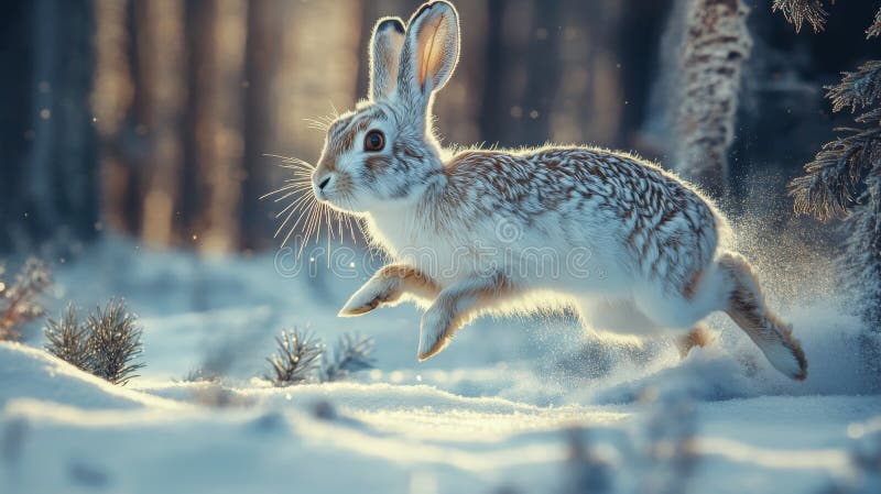 White-Tailed Jackrabbit Leaping through Snow-Covered Forest Stock ...