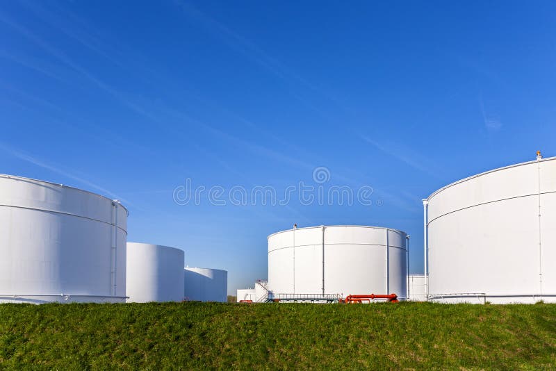 White Tanks in Tank Farm with Blue Sky Stock Photo - Image of resources ...