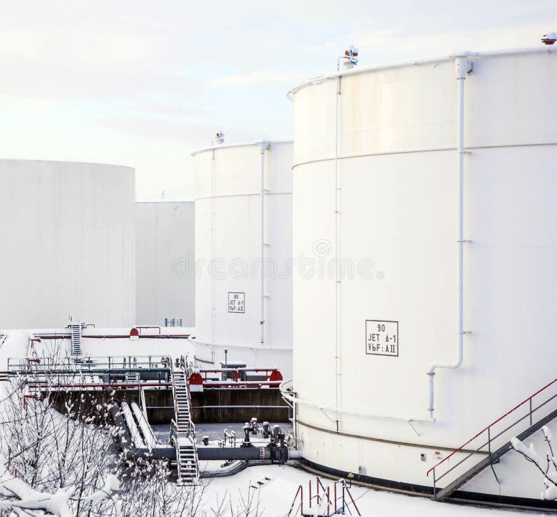 White Tanks in Tank Farm with Snow in Winter Stock Image - Image of ...