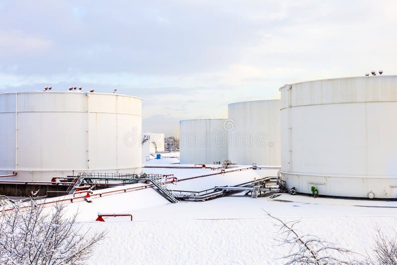 White Tanks in Tank Farm with Snow in Winter Stock Image - Image of ...