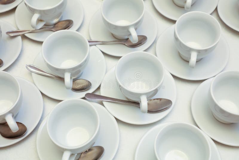 White tea cups with spoons stock photo. Image of breakfast - 256469254