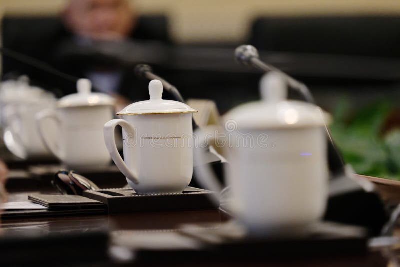 White Tea Mugs on the Table during a Business Conference Stock Image ...