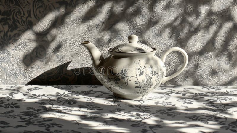 White Teapot in Dramatic Light and Shadow on Patterned Fabric Stock ...