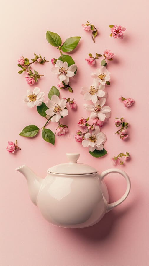 Bright White Teapot Surrounded by Colorful Flowers on a Soft Pink ...