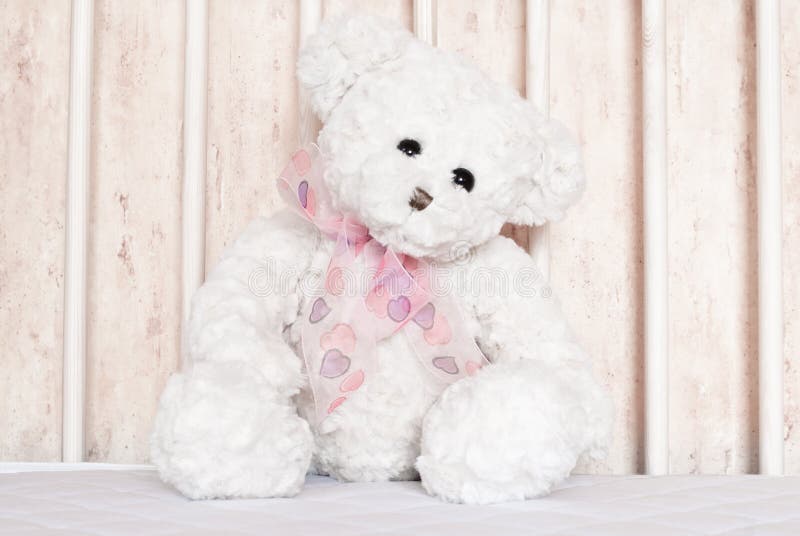 White teddy bear closeup stock photo. Image of crib, cockade - 3823406