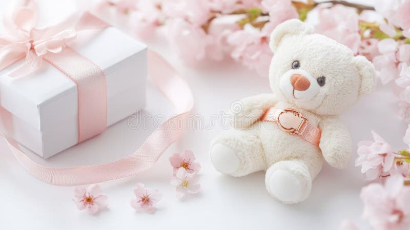 White Teddy Bear Gift Box Pink Flowers Spring Stock Illustration ...