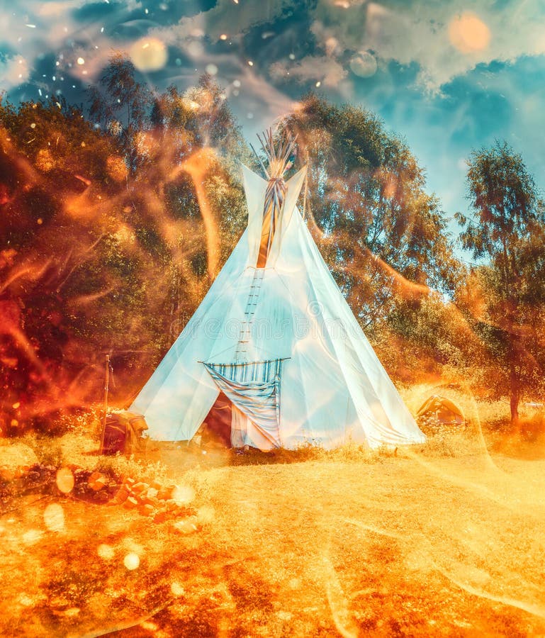 White Teepee Indian Tent Standing in Beautiful Summer Landscape. Stock ...