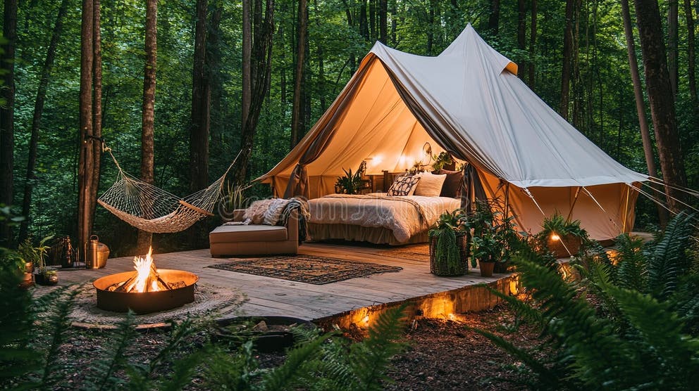 A White Tent with a Bed Inside and a Fire Pit Outside. Quality Stock ...