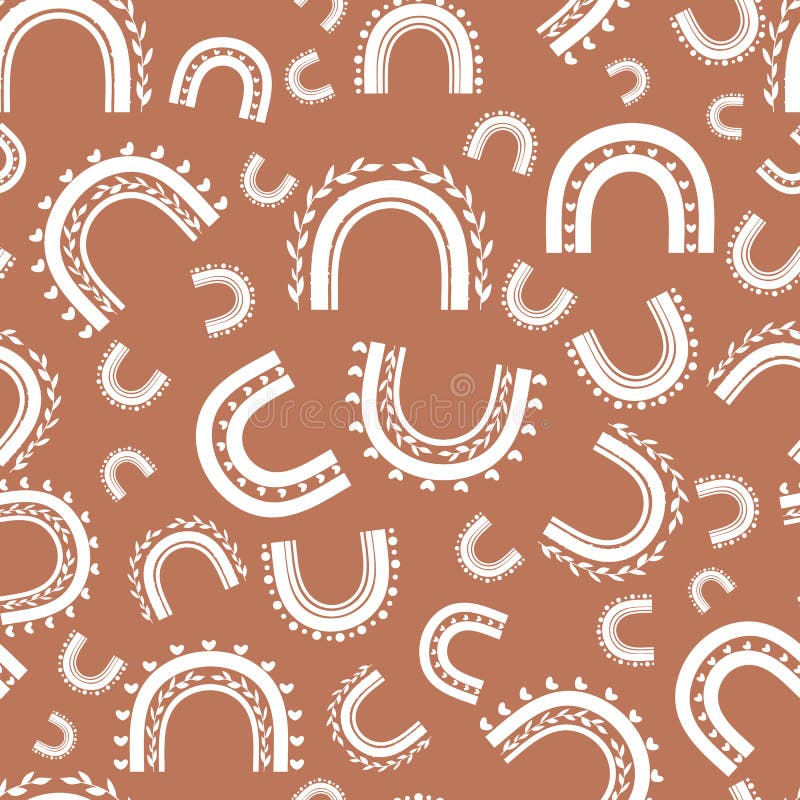 White Textured Boho Rainbows Seamless Vector Pattern on Brown ...