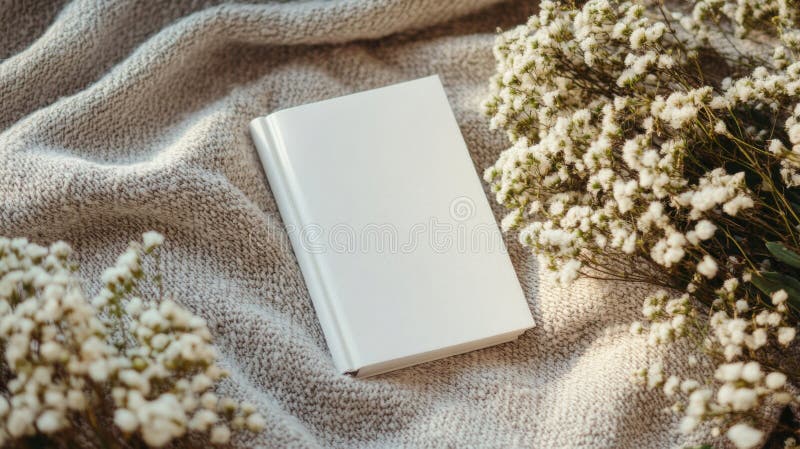 White Textured Book with White Flowers on Beige Blanket Stock ...
