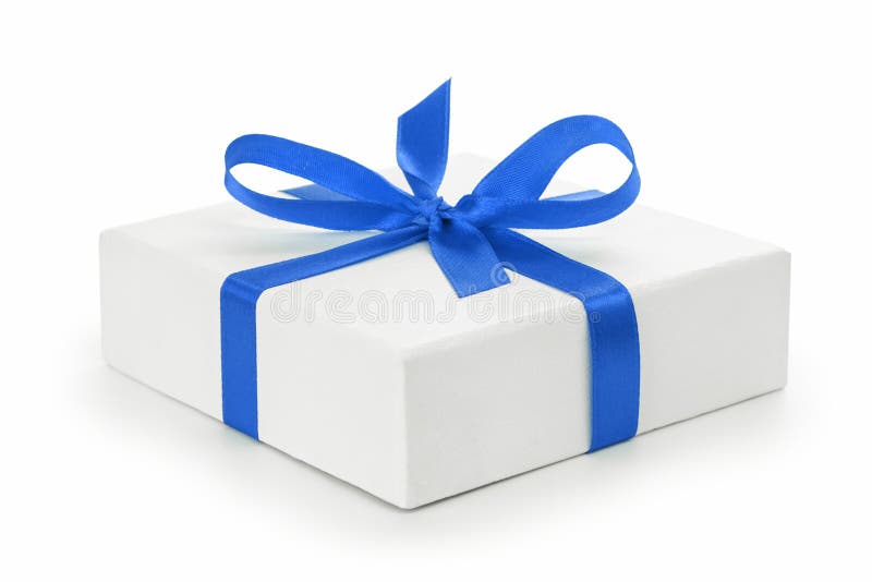 White Textured Gift Box with Blue Ribbon Bow Stock Photo - Image of ...
