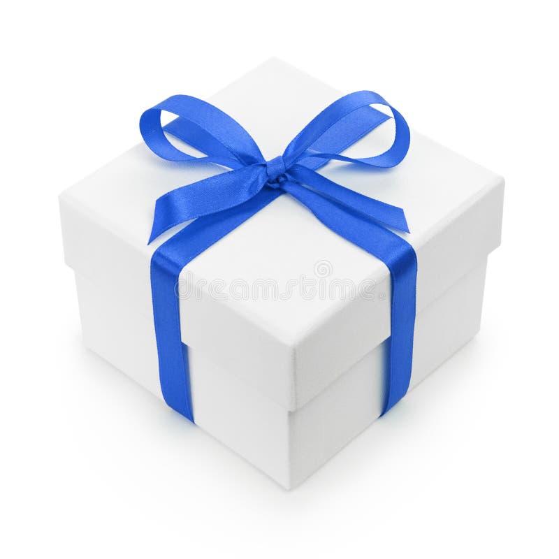 White Textured Gift Box with Blue Ribbon Bow Stock Photo - Image of ...