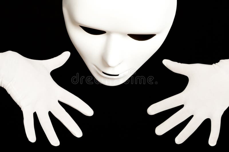 Mime White Theatrical Mask on Dark Stock Image - Image of hands, gloves ...