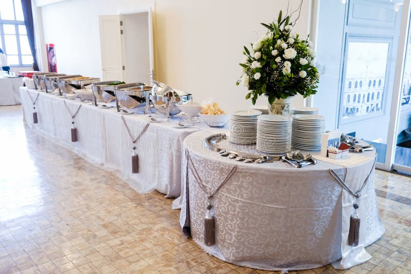 White Theme Set Table Buffet Stock Photo - Image of chafing ...