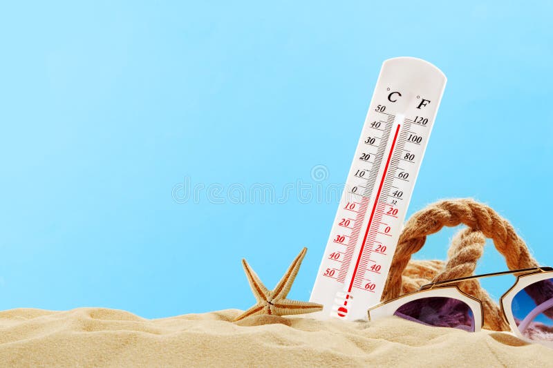 Thermometer Reading High Temperature on Sandy Beach Stock Image - Image ...