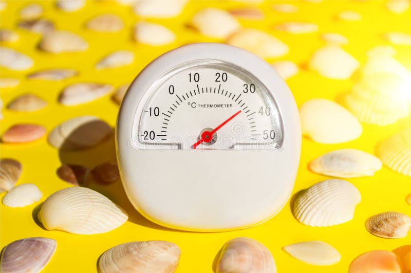 White Thermometer with a Temperature of +26 Degrees Celsius and a Lot ...