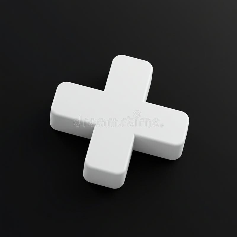 A White, Three-dimensional Plus Sign with Rounded Edges Rests on a ...