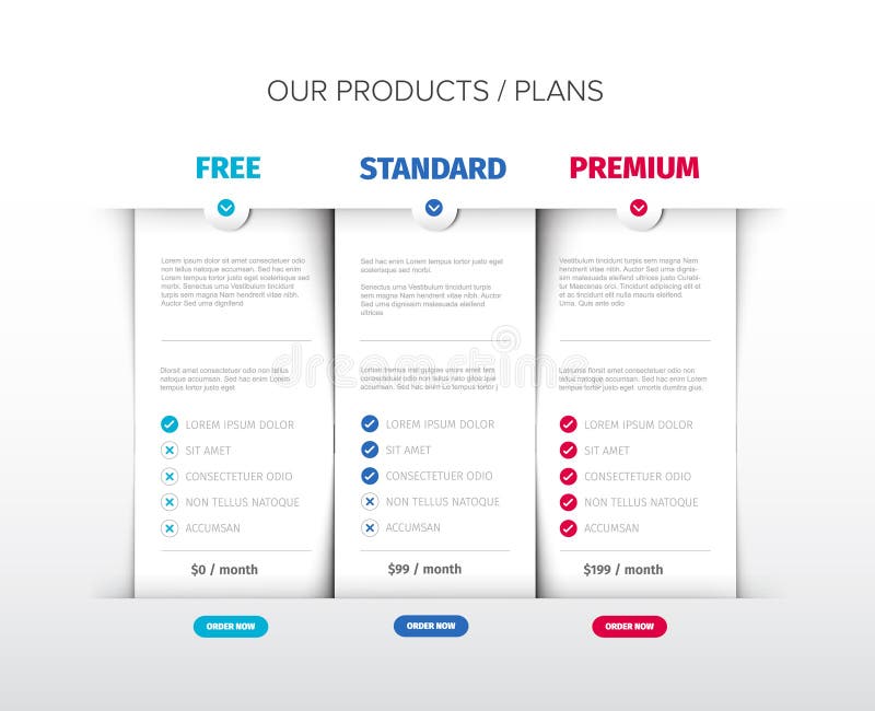 White Three Products Cards Features Schema Template with Order Buttons ...