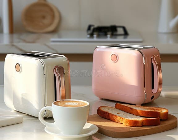 A White Three Slice Multi Toast Toaster and Coffee and Slices of Bread ...