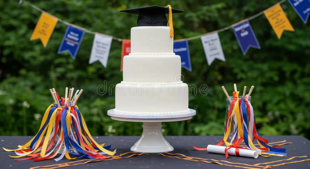 White Three Tiered Graduation Cake with Ribbons Stock Illustration ...
