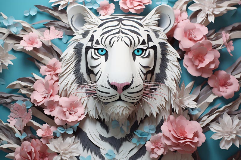 White Tiger with Blue Eyes Surrounded by Pink Flowers Stock Photo ...