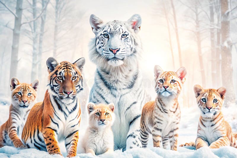 White Tiger Family in Snowy Forest Stock Illustration - Illustration of ...