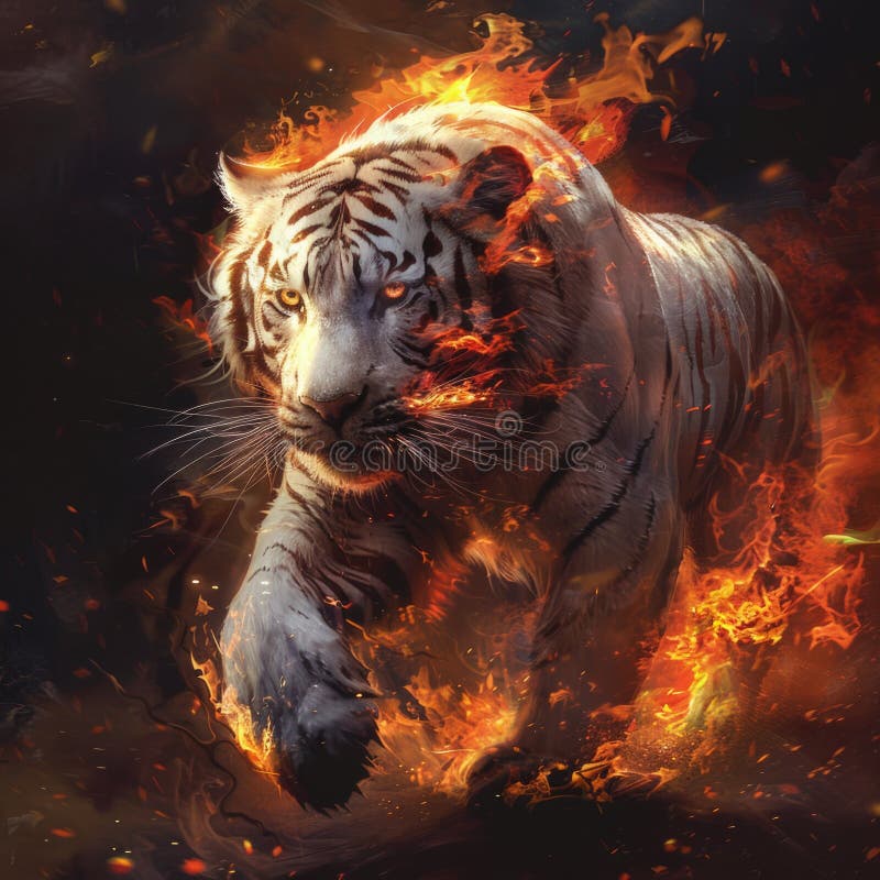 A White Tiger is Seen Running through Flames Stock Image - Image of ...