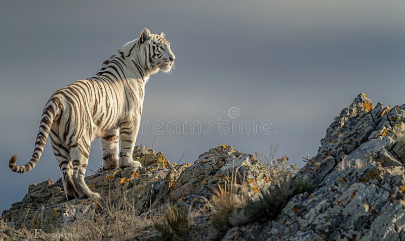 A White Tiger Standing Tall on a Rocky Outcrop Stock Photo - Image of ...