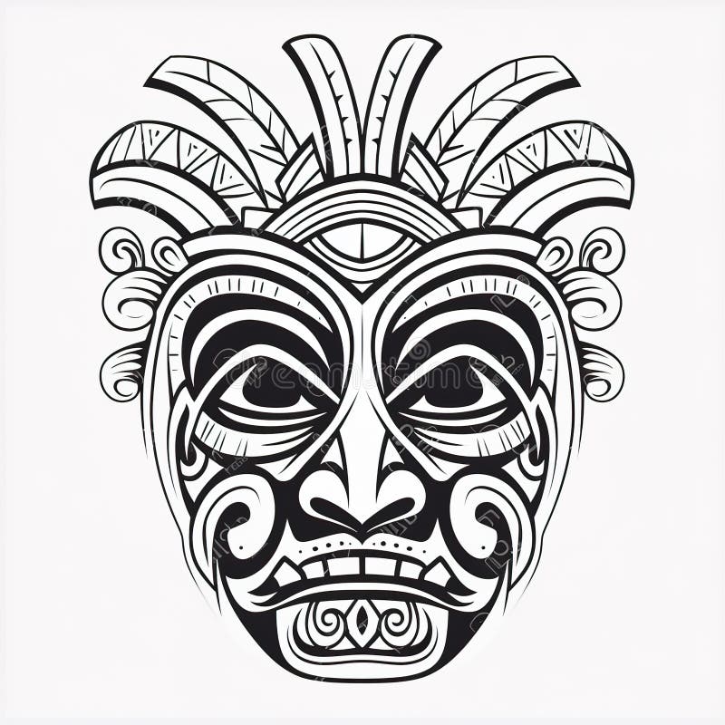 White Tiki Mask Coloring Book Vector Monochrome Simple With Crisp Black Lines White