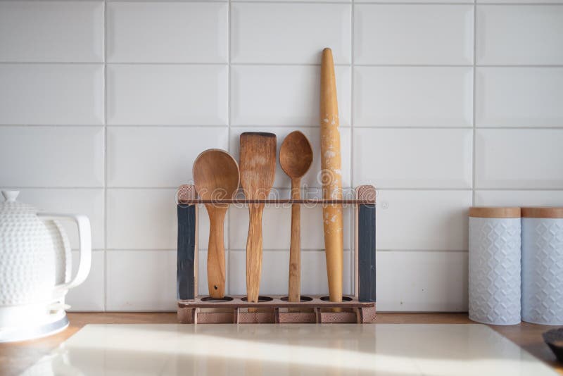 Modern Kitchen Background with Kitchen Utensils Standing on a Wooden ...