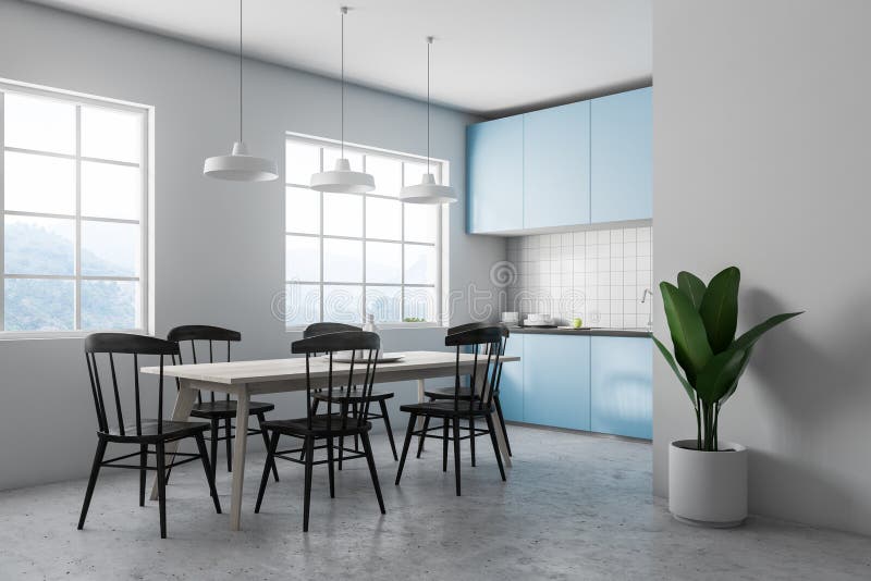 White Tile Kitchen with Countertops, Side View Stock Illustration ...