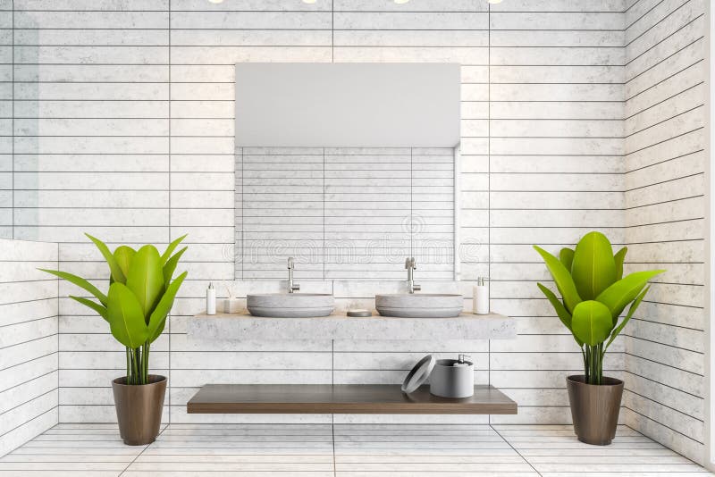 White Tiled Bathroom with Double Sink Stock Illustration - Illustration ...