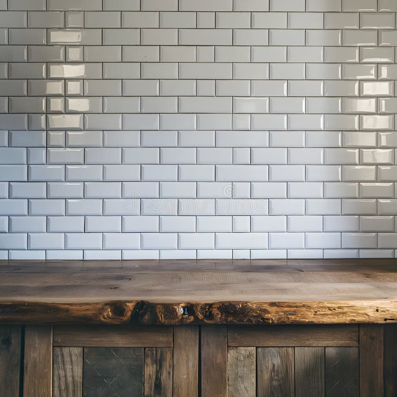 White Tiled Wall with Wooden Countertop Modern Kitchen Contrast Stock ...
